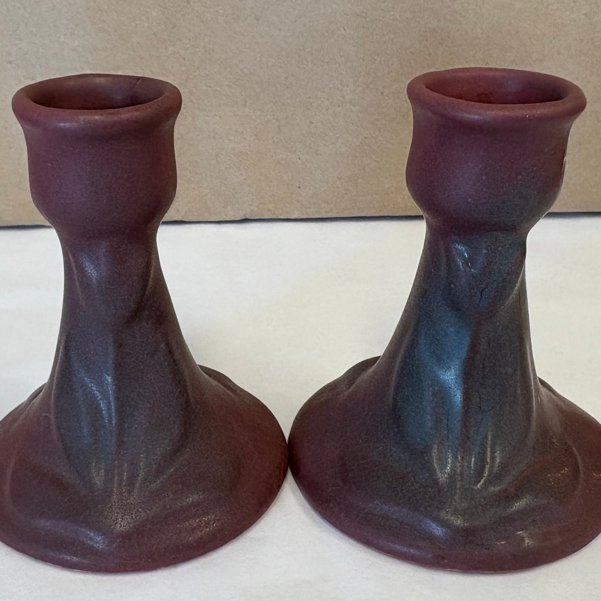Van Briggle tulip taper candle holders, mulberry & gray art pottery ...